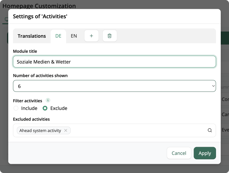 Add multiple Activity modules to your homepage | ahead intranet